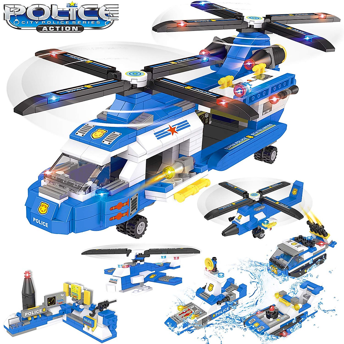 1648 Pieces City Police Armed Transport Helicopter Toy Building Blocks Set with Plane, Police Boat, Ship, Blocks Storage Box, Learning and Roleplay Construction Toy Gift for Boys Girls 6-12