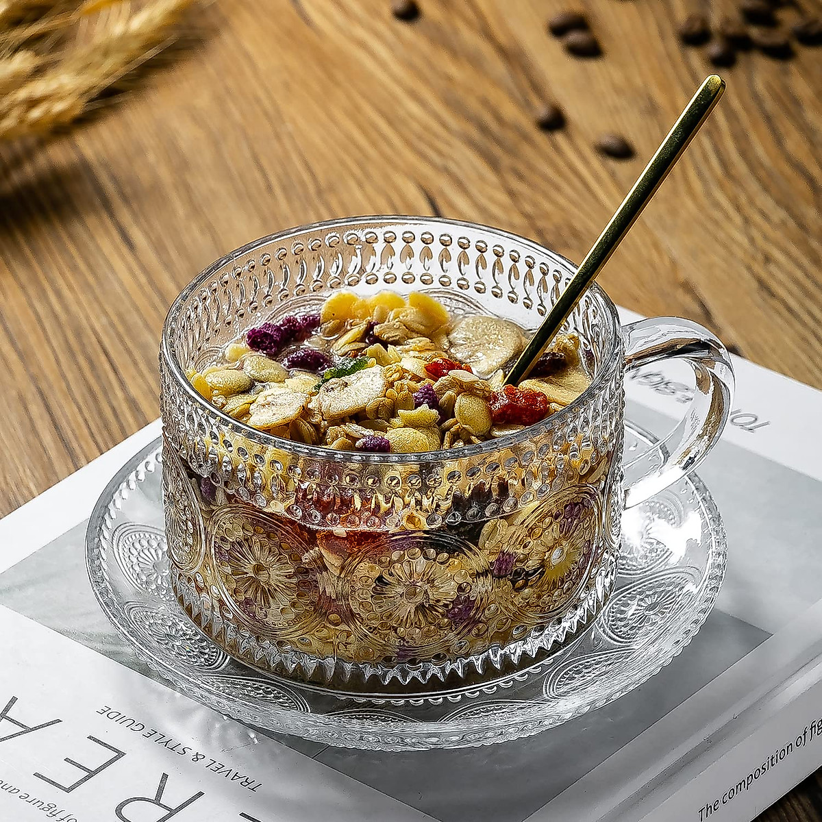 Gezzeny Vintage Coffee Mugs with Saucers 14 Oz Set of 2 Embossed Glass Cups, Tea Cups, Glass Coffee Cups for Cappuccino, Latte,Cereal, Beverage Birthday Valentine's Day Gifts