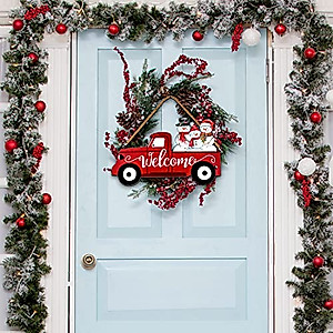 Winder Welcome Sign & Home Sign for Front Door 2-Side Rustic Red Truck Decor with 10-PC Interchangeable Holiday Icons for Spring Easter 4th of July Fall Harvest Halloween Christmas Seasonal Wall Hanging & Table Decorations(2-Side Red Truck)