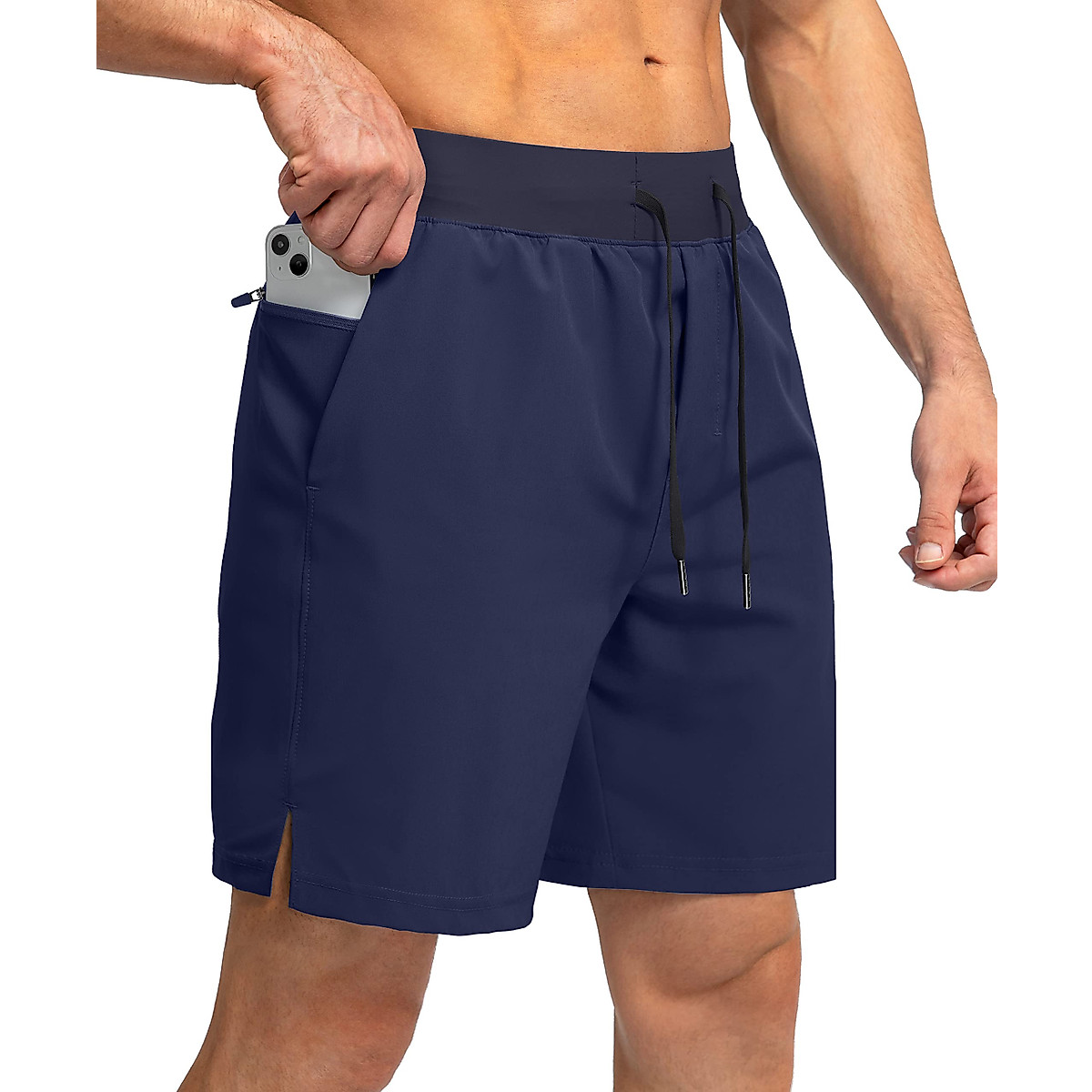 Men's Running Shorts with Zipper Pockets 7 Inch Lightweight Quick Dry Gym Athletic Workout Shorts for Men (Navy, M)