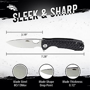 Honey Badger Drop Point Pocket Knife - 3.19" Folding Pocket Tactical Knife for Women & Men, Drop Point Blade Camping Knife, Stainless Steel Pocket Knife for Utility Work (Black, 8Cr13Mov, 3.19"/81mm)