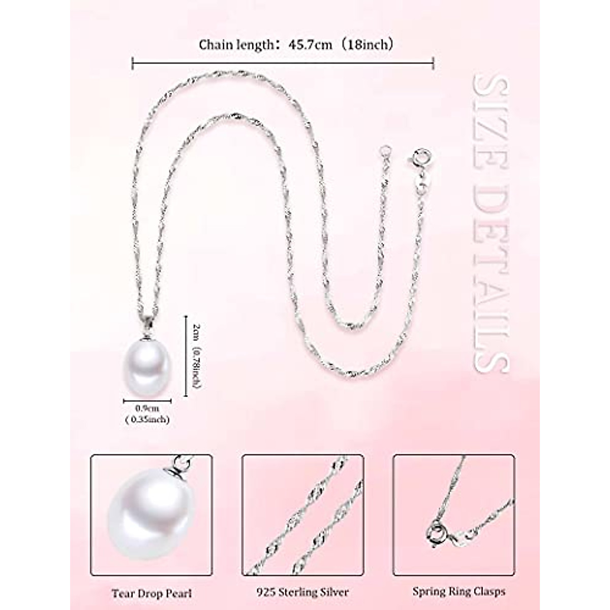 HXZZ Fine Jewelry Women Gifts 925 Sterling Silver Freshwater Cultured Teardrop White Pearl Pendant Necklace Single Pearl Anniversary Birthday for Women girlfriend Girls