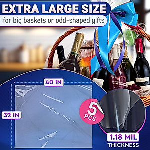 5Pcs Gift Basket Wrapping Plastic Bags - 32"x40" Gift Basket Shrink Wrap Bags for Gift Baskets Raffle Basket Wrap - Gift Basket Wrap Clear Basket Wrapping Bags Large Cellophane Bags for Gift Baskets