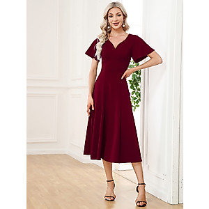 Ever-Pretty Women's Summer V-Neck Ruffles Sleeves Pleated Midi Evening Dress with Sleeves Burgundy US8