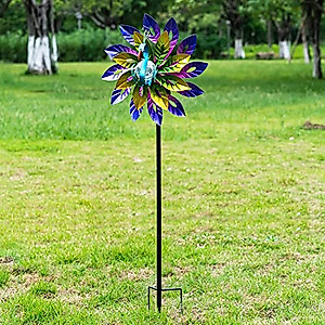 Peacock Solar Wind Spinner Garden Yard Decor, Outdoor Decorative Metal Wind Sculpture with Cracked Glass Ball, Waterproof Art Windmill Landscape Stake Light for Lawn Patio Pathway Yard Courtyard Decor