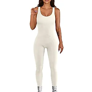 OQQ Women's Ribbed One Piece Tank Top Sleeveless Yoga Exercise Romper JumpSuit, Beige, Small