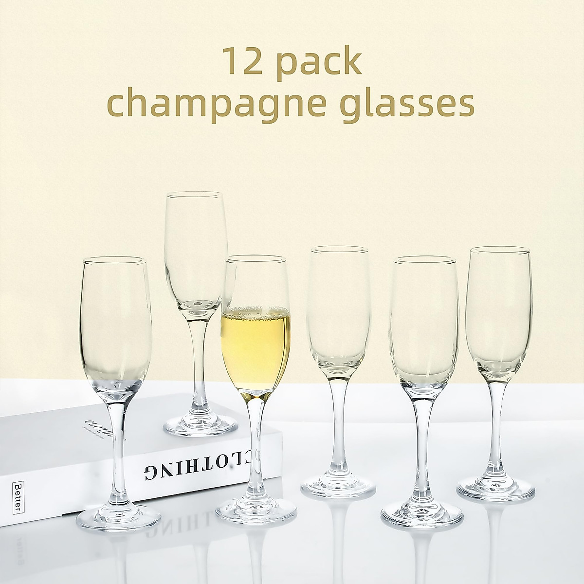 Elegant Champagne Glasses Set of 12, Long Stem Glass Champagne Flutes for Mimosa, Sparking Wine, Wedding, Party - 6 oz, Clear