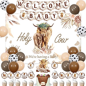 JOYMEMO Brown Highland Cow Baby Shower Decorations for Boy, Holy Cow We are Having a Baby Backdrop Decor with Welcome Baby Print Banner Cake Topper, Farm Highland Cattle Baby Shower Party Supplies