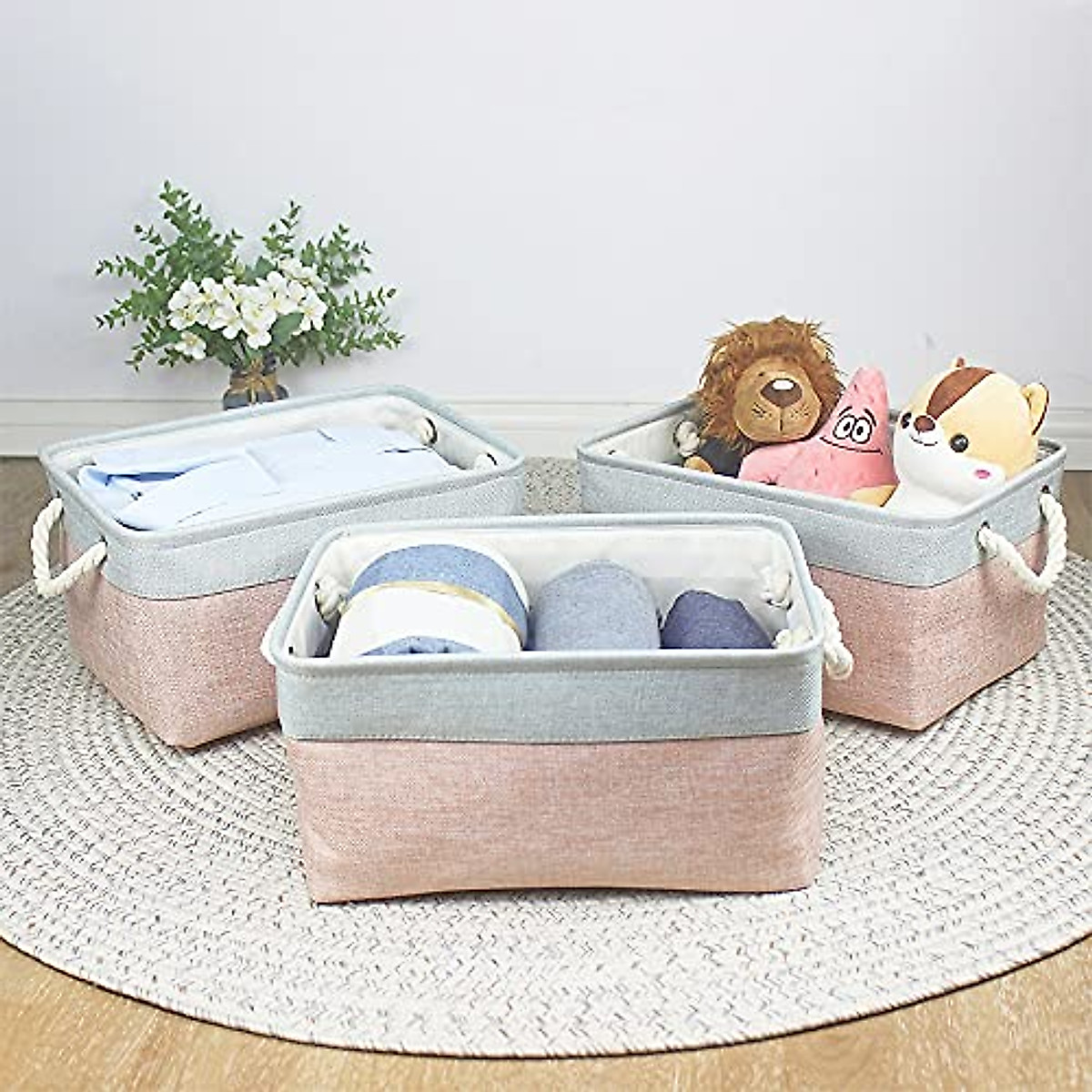 Yimi's Dream Foldable Storage Basket, [3-Pack] Storage Bin for Gifts Empty, Fabric Storage Baskets for Shelves with Handles, Pink Storage Bins for Organization (GlacierGrey & Pink, 15Lx11Wx8H inch)