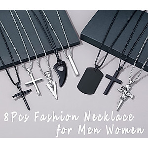MAIBAOTA 8 Pcs Necklace for Men, Mens Necklaces Jewelry Set, Black and Silver Stainless Steel Necklace, Cross Pendant Necklace, 16-24 inches Chain, Fathers Day Birthday Gifts for Dad