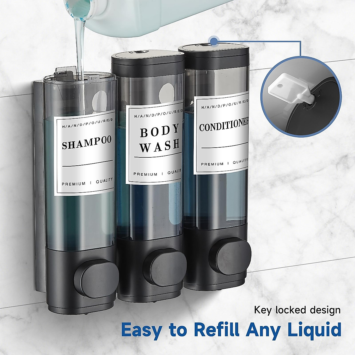 Shampoo and Conditioner Dispenser,Shower Soap Dispenser 3 Chamber No Drill Wall-Mounted Shampoo Dispenser for Shower Wall Mounted Shower Dispenser for Bathroom Hotel Large Capacity,Black