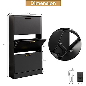 LYNSOM Shoe Cabinet, Free Standing Tipping Bucket Shoe Rack Organizer with 3 Flip Drawers, Modern Entryway Shoe Storage with Top Display, Narrow Slim Hidden Shoe Cabinet (Black)
