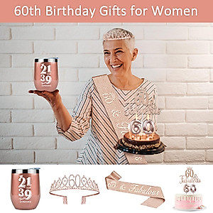 60th Birthday Decorations Gifts for Women Including Crown, Sash, Cake Topper, Candles and 12oz Wine or Coffee Tumbler Mug with Lid, Gifts for 60 Year Old Woman