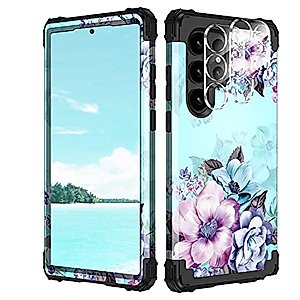 Casetego Compatible with Galaxy S23 Ultra 5G Case,Floral Three Layer Heavy Duty Sturdy Shockproof Full Body Protective Case with 2 Pack Camera Lens Protector for Samsung S23 Ultra,Blue Flower