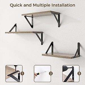 Fun Memories Floating Shelves Wall Mounted Set of 3, 16.5 Inch Natural Wood Wall Shelves, Decor Storage Shelf for Bedroom Bathroom Living Room Office Pictures Plants Books Cats TV (Grey)