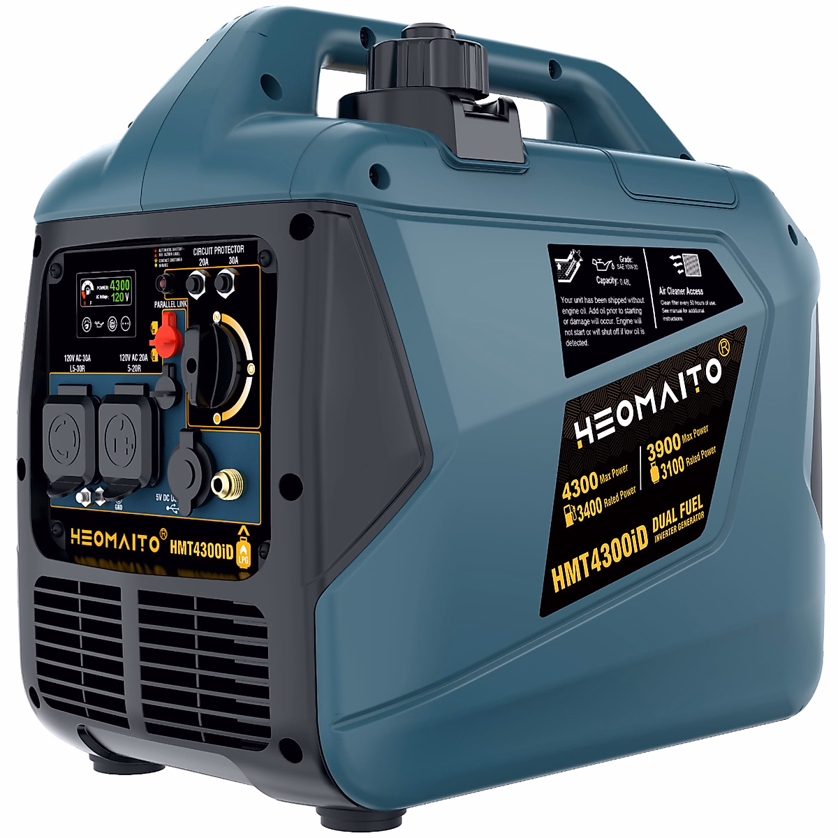 HEOMAITO Dual Fuel Portable Inverter Generator 4300W Gas & Propane Powered, Ultra Quiet Lightweight with CO Sensor Digital Dispaly Parallel Capability EPA Compliant for Camping RV Backup Home Use
