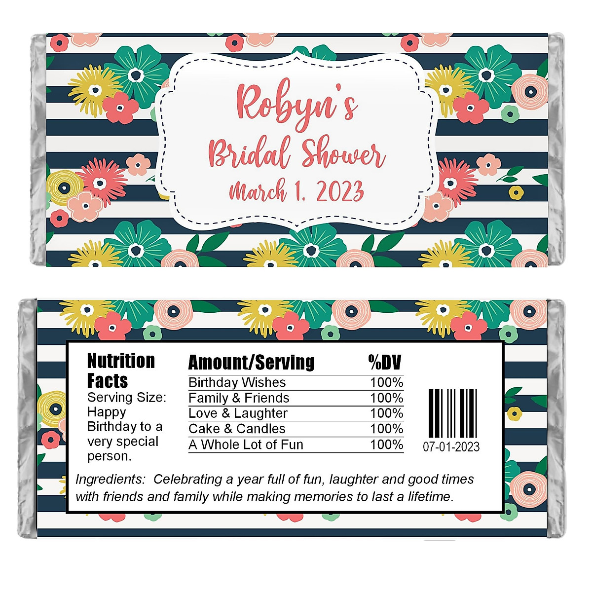 Personalized Candy Wrappers, Floral Party Favors, Pack of 20 Custom Chocolate Bar Labels