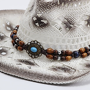 jiaoji Men & Women's Woven Straw Cowboy Cowgirl Straw Hat Cowboy Hats for Women Cowboy Hat Shapeable Brim, Beach Cowgirl (White-DimGray/Beads)
