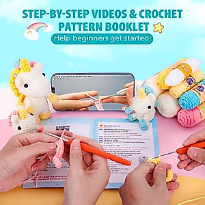 Crochetta Crochet Kit for Beginners, Amigurumi Crocheting Animals Kits w Step-by-Step Video Tutorials, Knitting Starter Pack for Adults and Kids, Jumbo 3 Unicorn Familly (40%+ Yarn Content)