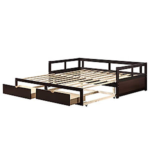 Wood Daybed with Trundle and 2 Storage Drawers Extendable Storage Sofa Bed Frame with Wooden Slats for Bedroom Living Room Guest Room, Convertible Twin To King Design, No Box Spring Needed (Espresso)