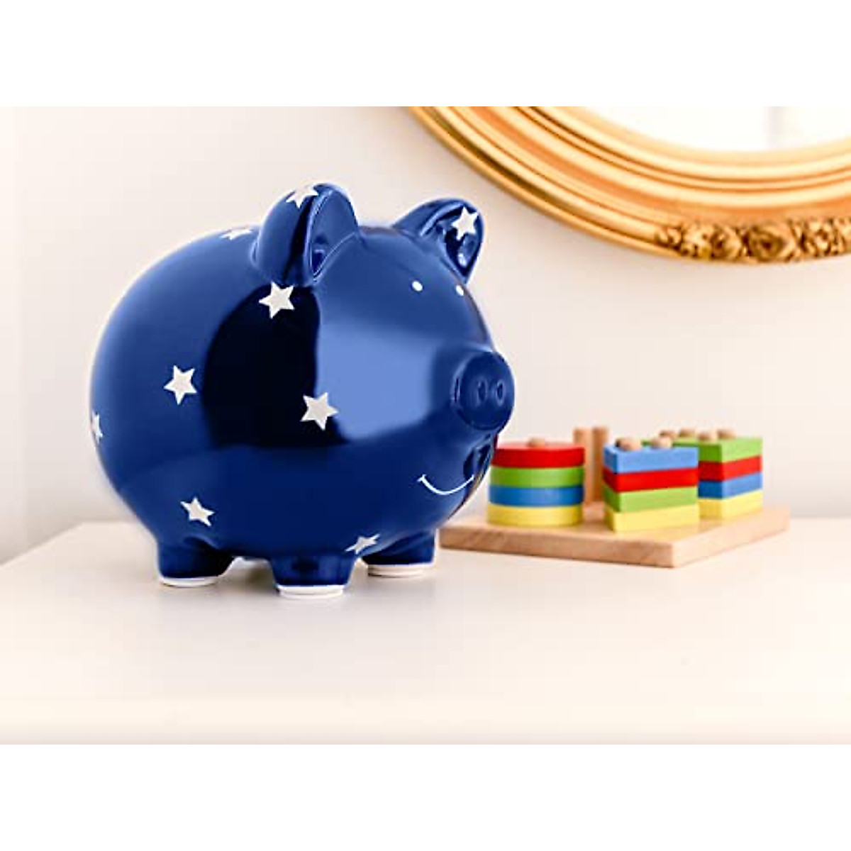 Pearhead Ceramic Piggy Bank, Baby Money Bank Keepsake, Modern Gender-Neutral Nursery Décor, Gift for Baby Girl Or Baby Boy, Blue with White Stars