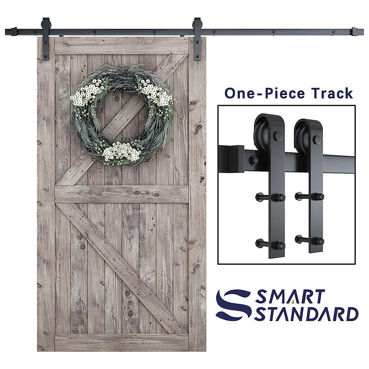 8ft Heavy Duty Sliding Barn Door Hardware Kit(J Shape) + Barn Door Bottom Adjustable Floor Guide Roller + 12" Pull and Flush Barn Door Handle + Barn Door Large Size Latch Lock