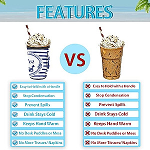 Nautical Navy Reusable Iced Coffee Sleeve Cold Beverage Coozies Compatible£¬Blue Striped Anchor Cup Sleeve with Handle Machine Washable for Most Coffee Drinks Fits 24-28 oz Coffee Cups