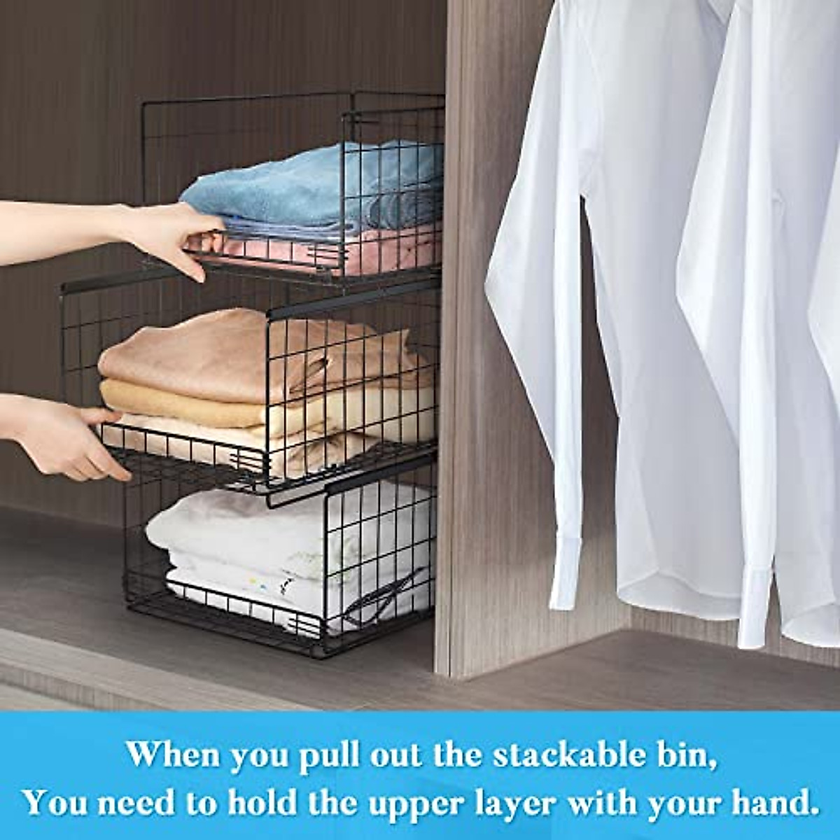 3-tier Sliding Closet Organizers and Drawer Storage Shelves, Stackable Storage Bins for Jean Pants Sweaters, Metal Drawer Shelf Clothes Storage Container, Wardrobe Cupboard Organizer for Folded Clothe
