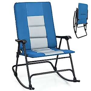 KOTEK Outdoor Rocking Chair, Folding Lawn Chair with Armrests & Padded High Backrest, Rocker Camping Chair for Patio Front Porch Backyard Garden Beach Travel, Supports 350 lbs (1, Blue)
