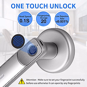 Yszbiay Fingerprint Door Lock Bedroom Door Lock Biometric Door Lock Keyless Electronic Door Knob with 30 Fingerprints Smart Lock for Home Storage Bedroom Office and Other Private Spaces（Silver）