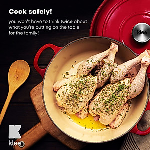 Klee 3.8 Quart Red Casserole Dish with Lid - Enameled Porcelain Coated Cast Iron Cookware Used as Braising Pan, Baking Pan, Saucepan, Frying Pan, and More - 3.8 Quart Capacity, 12 Inches