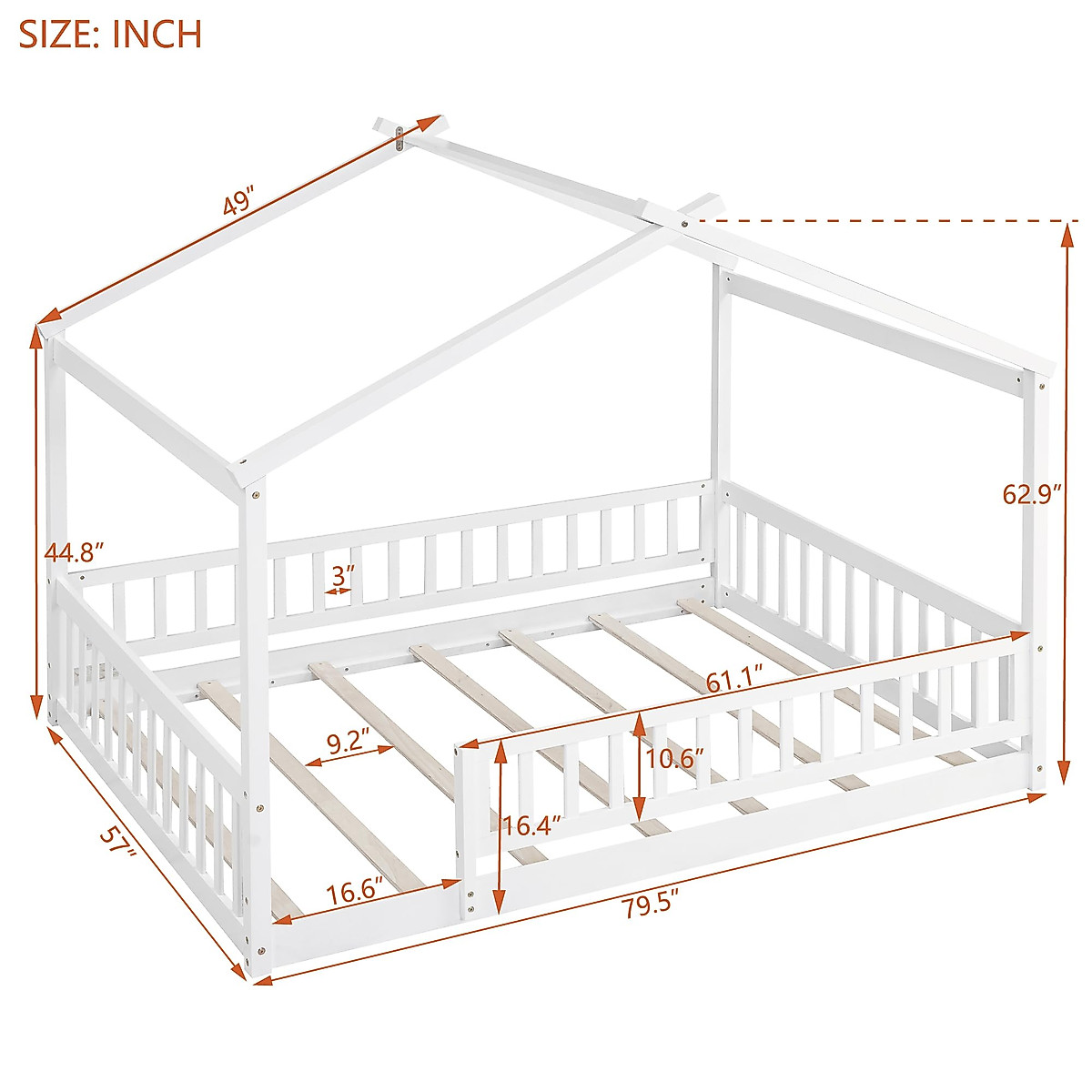 Harper & Bright Designs Full House Bed with Rails,Full Floor Bed for Kids,Full Size Montessori Bed Frame with Support Slats,Wooden Kids Full Playhouse Beds for Boys Girls(White)
