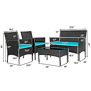 DORTALA 4 Pieces Rattan Patio Furniture Set, Practical Conversation Set w/Tempered Glass Top Table, Outdoor Wicker Sofa Set w/Removable Cushions for Poolside, Backyard