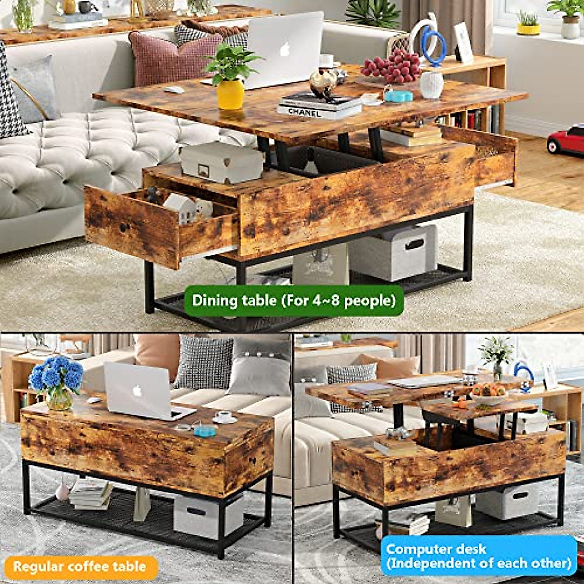 KCRET 43" Lift Top Coffee Table, 3 in 1 Multi-Function Coffee Table Modern Coffee Lift Table Dining Table with 2 Storage Drawers and Hidden Compartment for Living Room Reception Room (Rustic Brown)