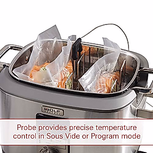 Wolf Gourmet Programmable 6-in-1 Multi Cooker with Temperature Probe, 7 qrt, Slow Cook, Rice, Sauté, Sear, Sous Vide, Stainless Steel, Red Knob (WGSC100S)