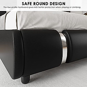 TTVIEW Modern Faux Leather Upholstered Platform Bed Frame with Iron Metal Decor, Adjustable Curved Headboard, Wooden Slats Support, No Box Spring Needed, Queen Size, Black