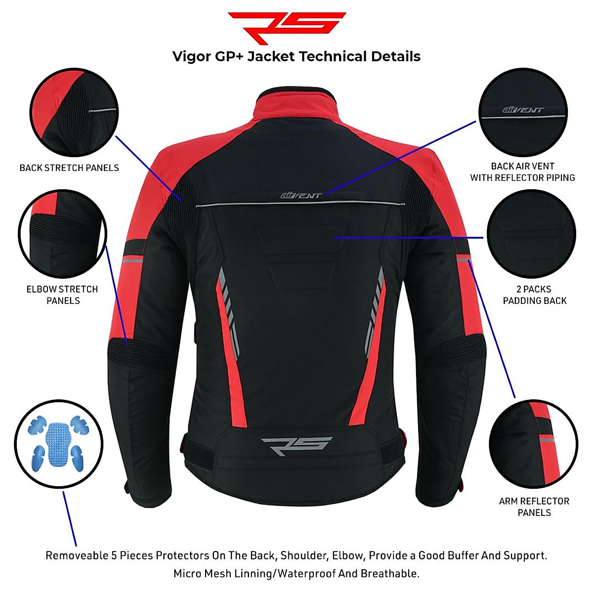 RS Motosports All Season Racing Motorbike Jacket for Men Water Proof & Breathable Motorcycle Jacket with Textile Fabric (US, Alpha, X-Large, Regular, Regular, Black/Black)