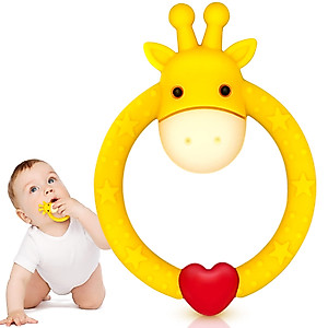 SHARE&CARE BPA Free Silicone Giraffe Baby Teether Toy with Storage Case, for 3 Months Above Infant Sore Gums Pain Relief and Baby Shower, Baby Teething Toys (Yellow)
