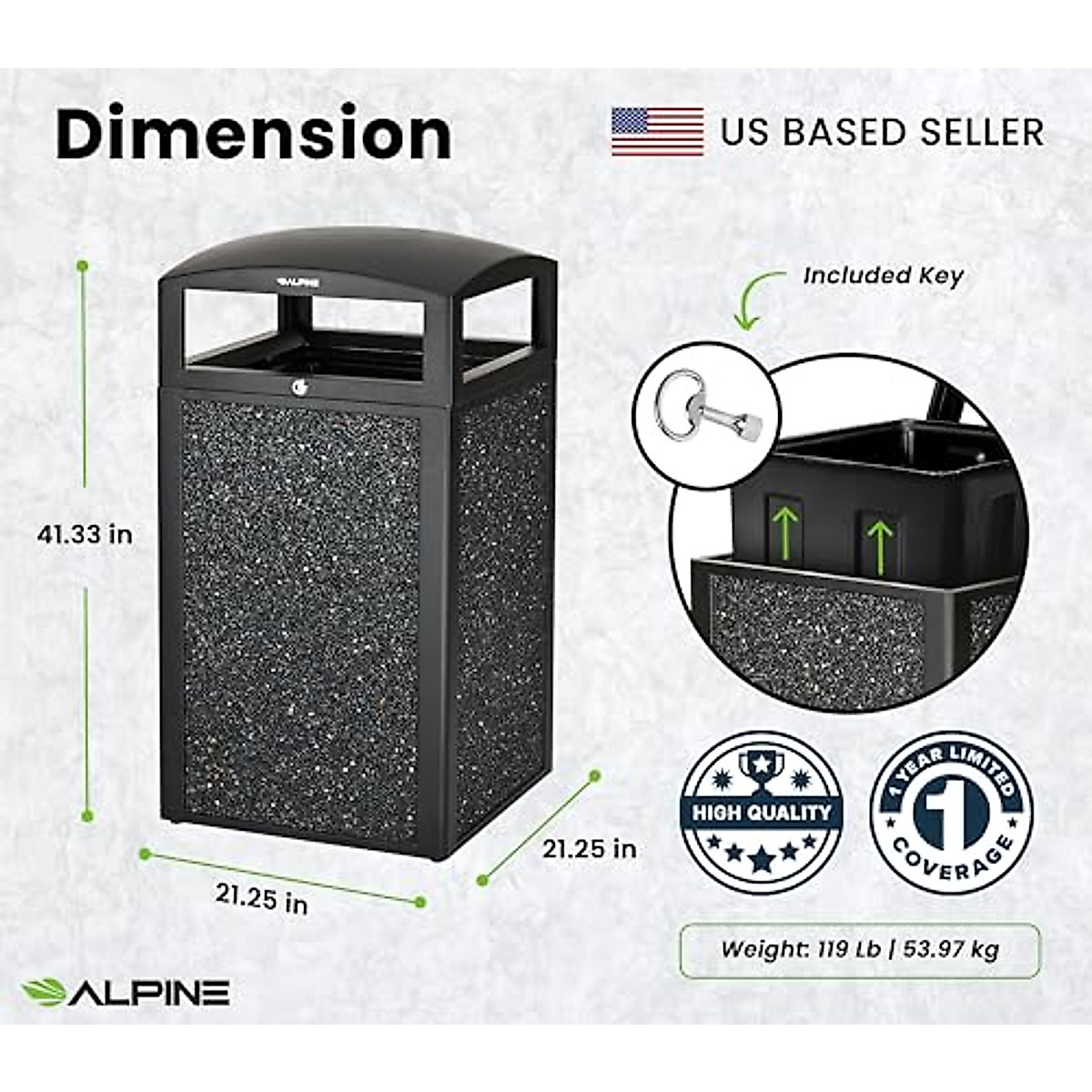 Alpine Indoor & Outdoor Commercial Trash Can with Lid - 40 Gallon Heavy Duty Metal Garbage Can with Removable Bin, Locking Lid for a Modern Look in Patio, Pool, Deck, Office Black, Grey Stone Panels