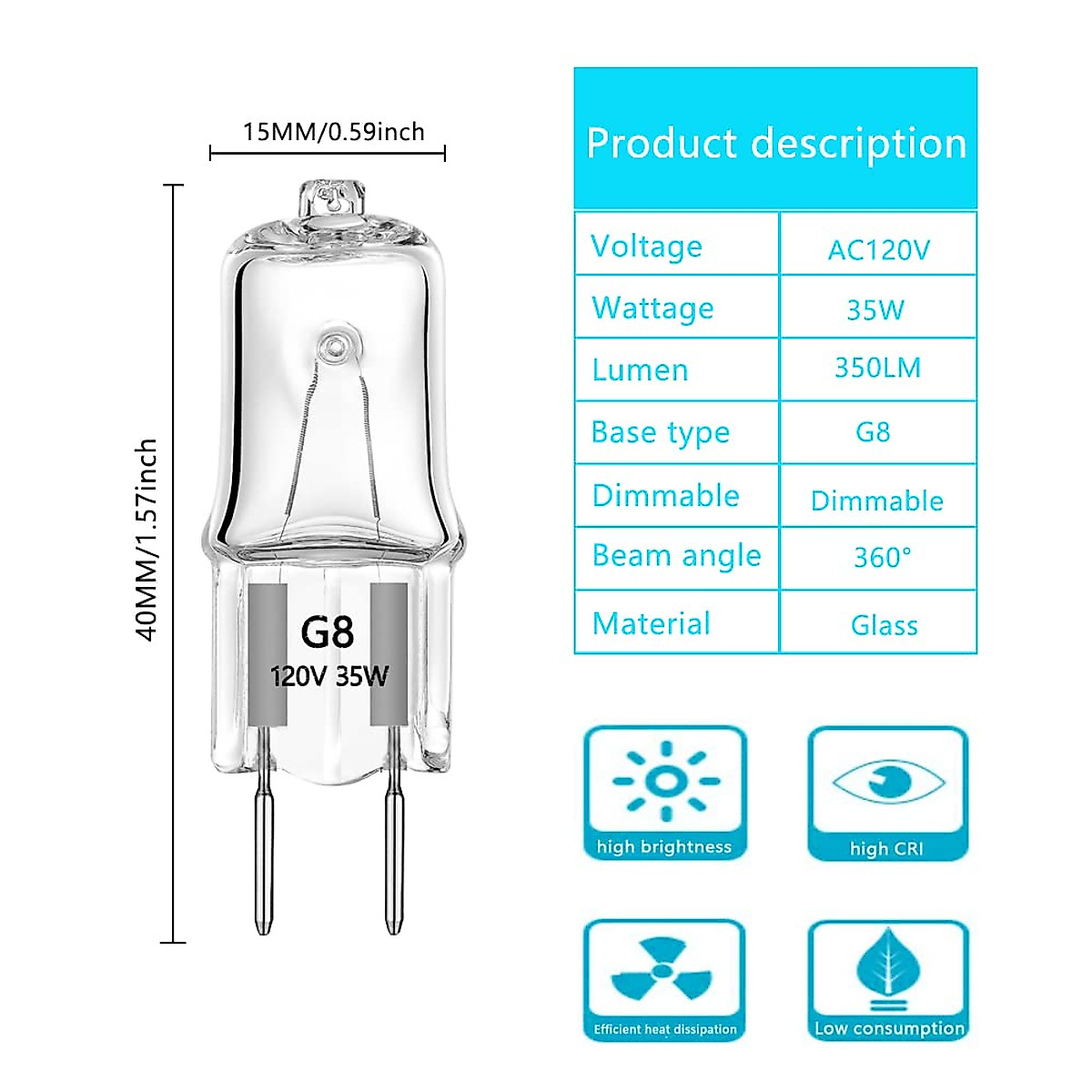 AHEVO G8 Light Bulbs 35Watt 120Volt Halogen Light Bulb G8 Base Bi-Pin Shorter 35W T4 JCD Warm White Under Cabinet Puck Lighting Replacements,10Pack