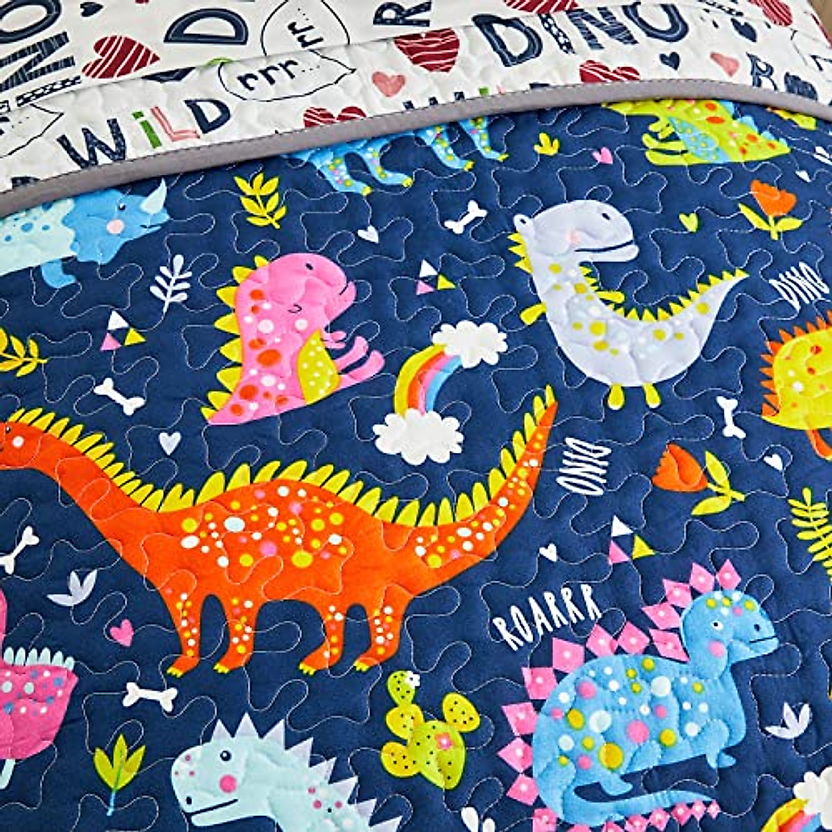 Quilted Toddler Bedding Set 4 Pieces Summer Navy Colorful Dinosaur Toddler Bed Set Includes Toddler Size Quilt Set, Flat Sheet, Fitted Sheet and Pillowcase
