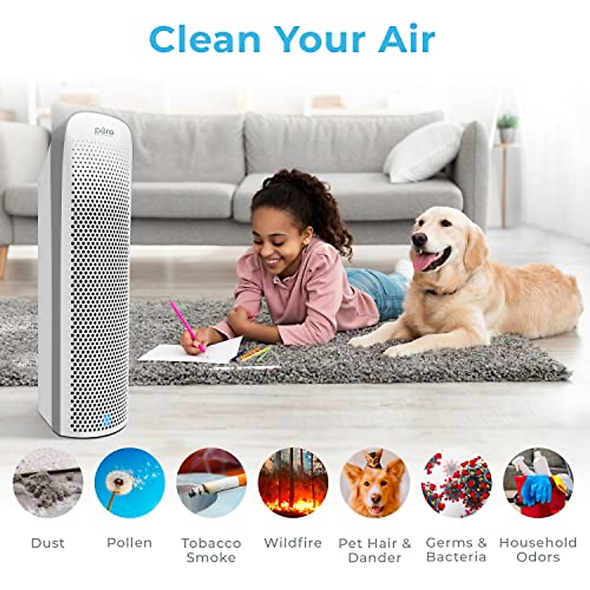 Pure Enrichment® PureZone™ Elite True HEPA Large Room Tower Air Purifier with Air Quality Monitor, 4 Stage Filtration and UV-C Light, Helps Destroy Bacteria, Smoke, Pollen & Dust (White)