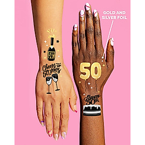 xo, Fetti 50th Birthday Party Decorations 50 and Fabulous Temporary Tattoos - 38 styles | Gold + Silver Foil Fifty Birthday Gift, Birthday Girl