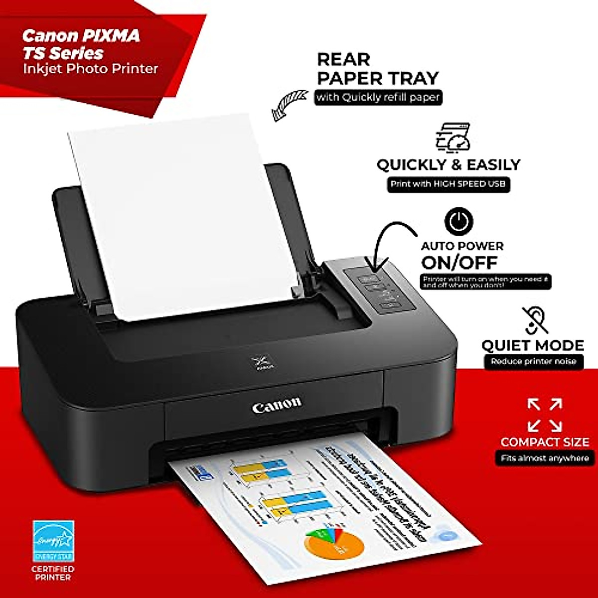 Canon PIXMA TS Inkjet Photo Printer, High Resolution Images, Fast Print Speeds, Home and Office, with Canon Ink and Microtella USB Printer Cable Bundle – Black