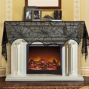 Kesoto Halloween Fireplace Decoration Cobweb Fireplace Scarf Black Lace Spiderweb Fireplace Cover for Halloween Party Supplies (18 x 96 in)