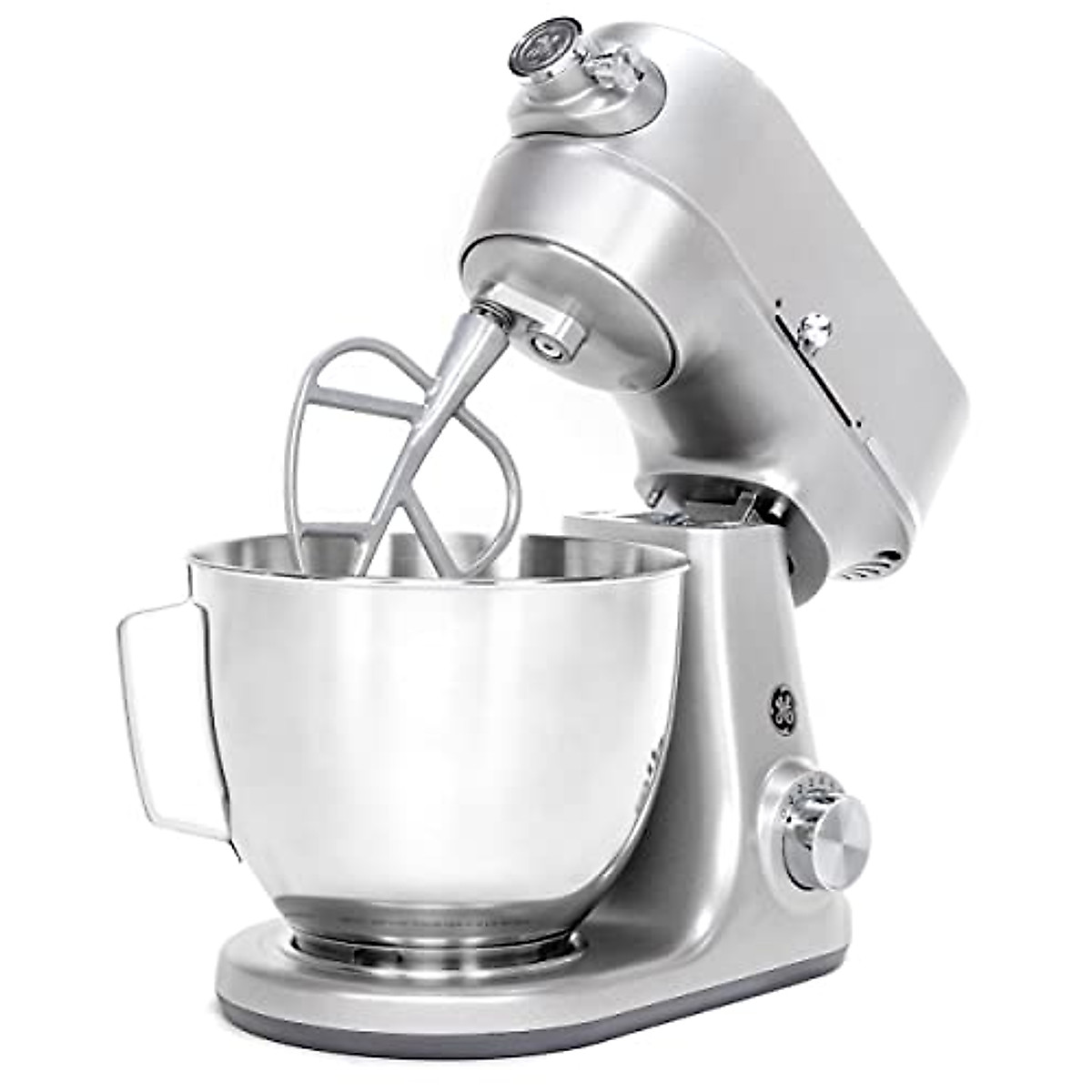 GE Tilt-Head Electric Stand Mixer | 7-Speed, 350-Watt Motor | Includes 5.3-Quart Bowl, Flat Beater, Dough Hook, Wire Whisk & Pouring Shield | Countertop Kitchen Essentials | Granite Gray