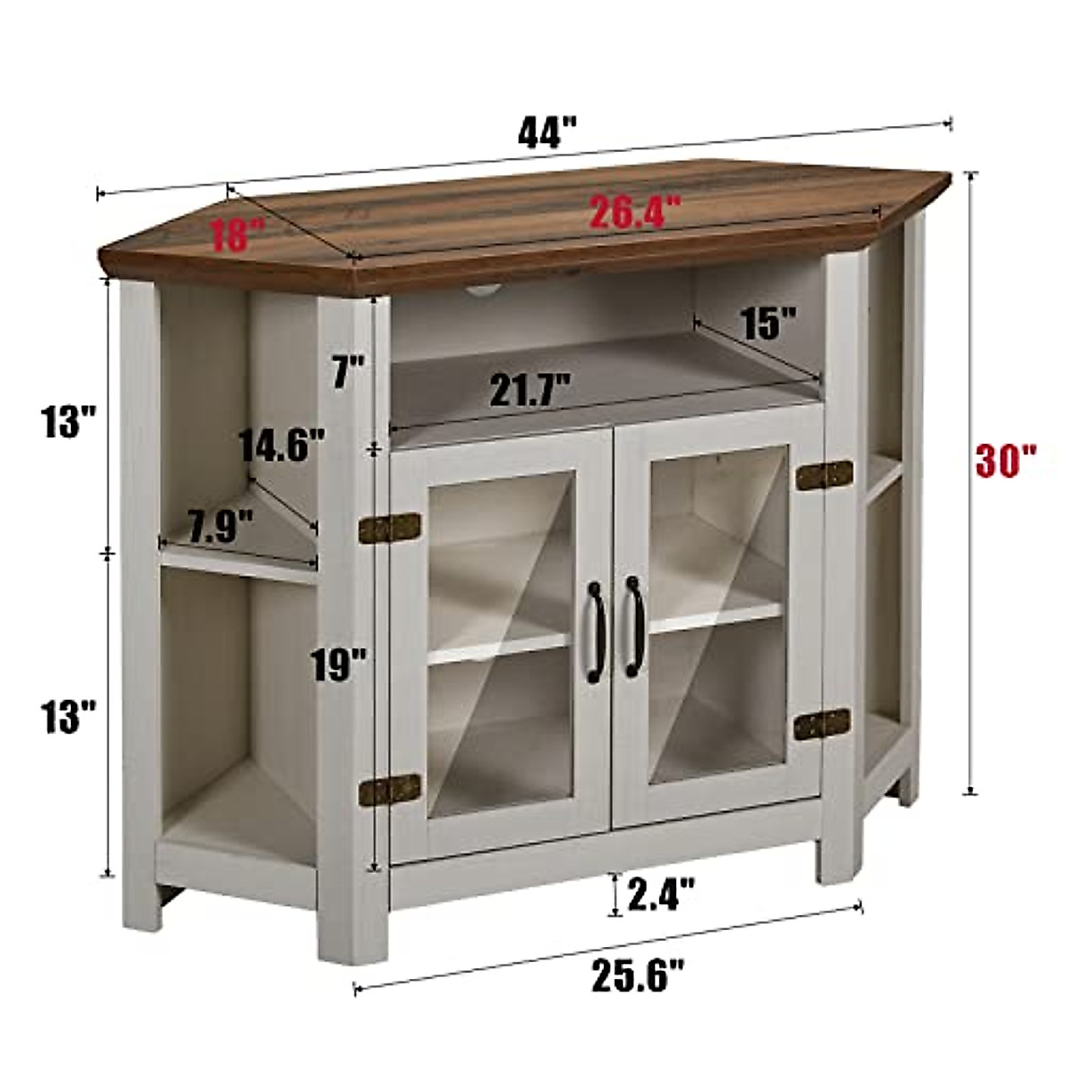 AMERLIFE Corner TV Stand for TV's up to 48", 44 Inch Modern Farmhouse Wood Entertainment Center, TV Console with Double Doors and Storage Cabinets for Living Room, Distressed White