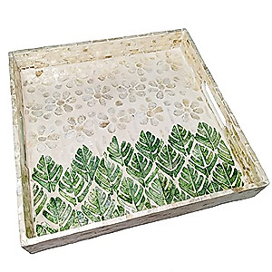 14 Inch Green Beige Mother of Pearl Tray, Large Lacquer Serving Tray with Handles and 2 Inch Wall, Square Shell Ottoman Coffee Table Tray, Decorative Bone Inlay Tray for Food, Accent, S, I-lan (35cm)