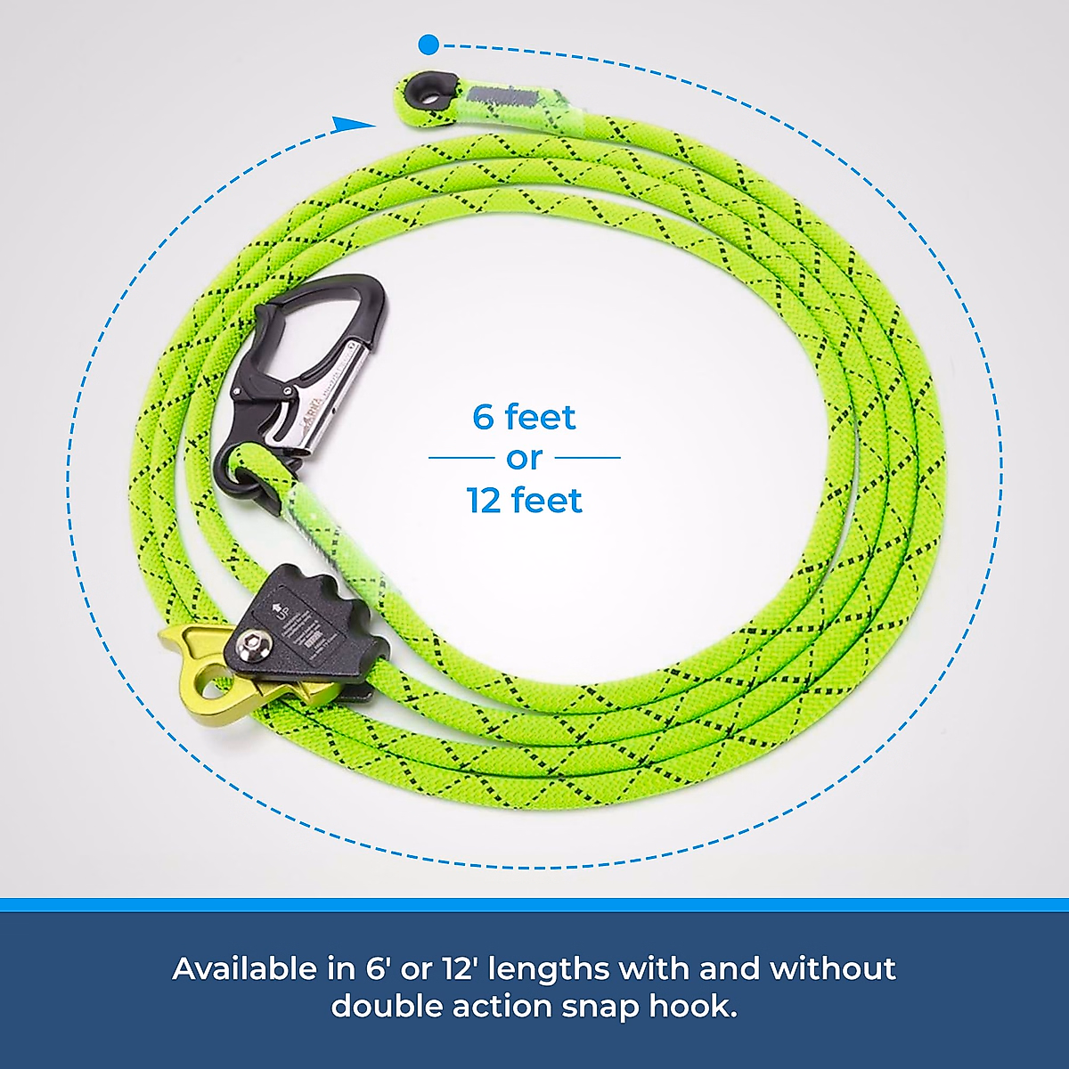 RNA X-Flight Adjustable Lanyard with Snap Hook - Neon Yellow, 12-Foot Heavy-Duty Positioning System, Made in USA, Arborist and Work-at-Height Gear