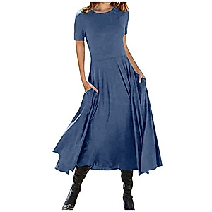 Cocktail Dress for Women, Bodycon Dresses Women Long Sleeve Flower Dress Summer Dresses Women's Fashion Solid Color Short Pocket Pullover Dress Crewneck Sleeveless Bodycon Dress (XXL, Blue)